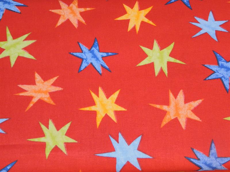Stof i metermål - Rød med store stjerner - (stofbredde 140 cm.)